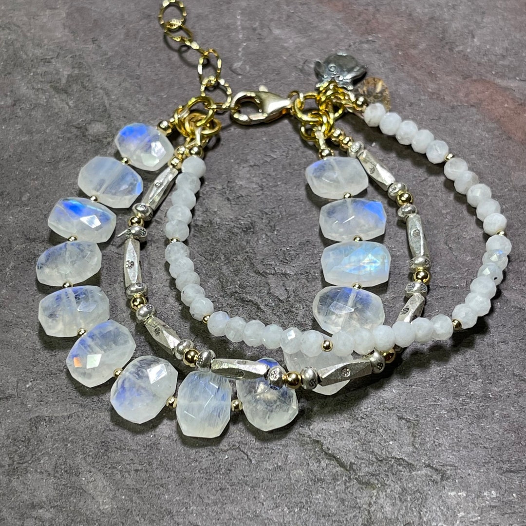 Cirrus - AAA Hand Cut Moonstone and Hill Tribe Silver 3 Strand Bracelet ...