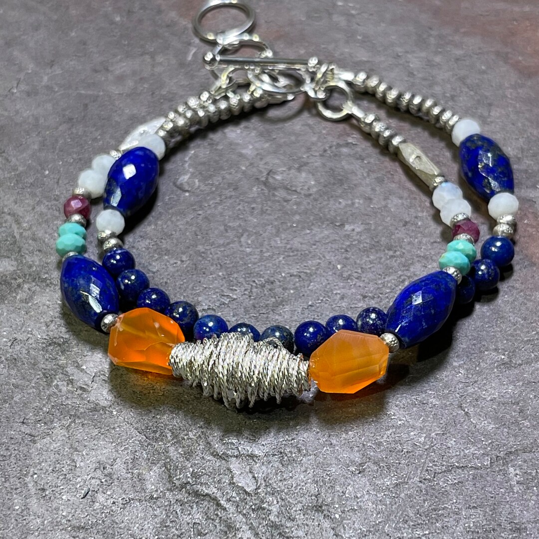 Bookends - Hand Cut Carnelian, Lapis, and Hill Tribe Silver Double ...