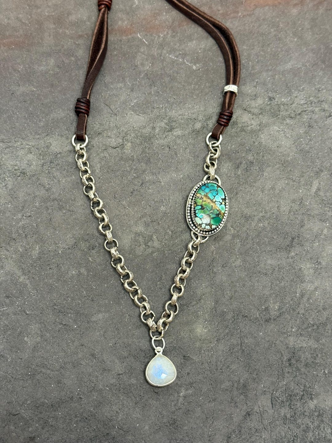 Off Kilter - OOAK Turquoise & Moonstone Leather Necklace, Handmade ...