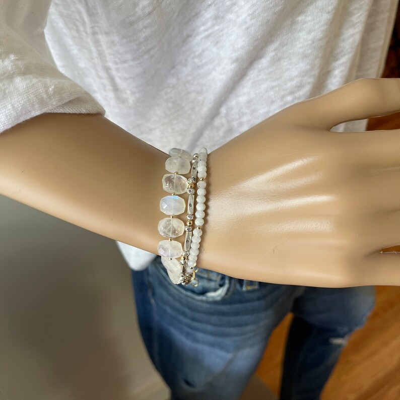Cirrus - AAA Hand Cut Moonstone and Hill Tribe Silver 3 Strand Bracelet ...
