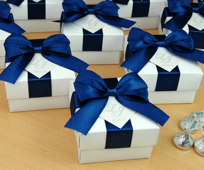 Wedding Monogram Personalized Wedding Favor Boxes With Navy Blue Satin ...