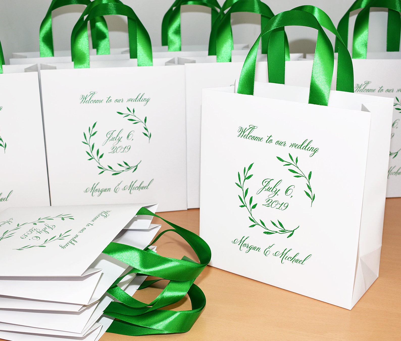 25 Greenery Wedding Welcome Bags With Satin Ribbon Handles & Custom ...