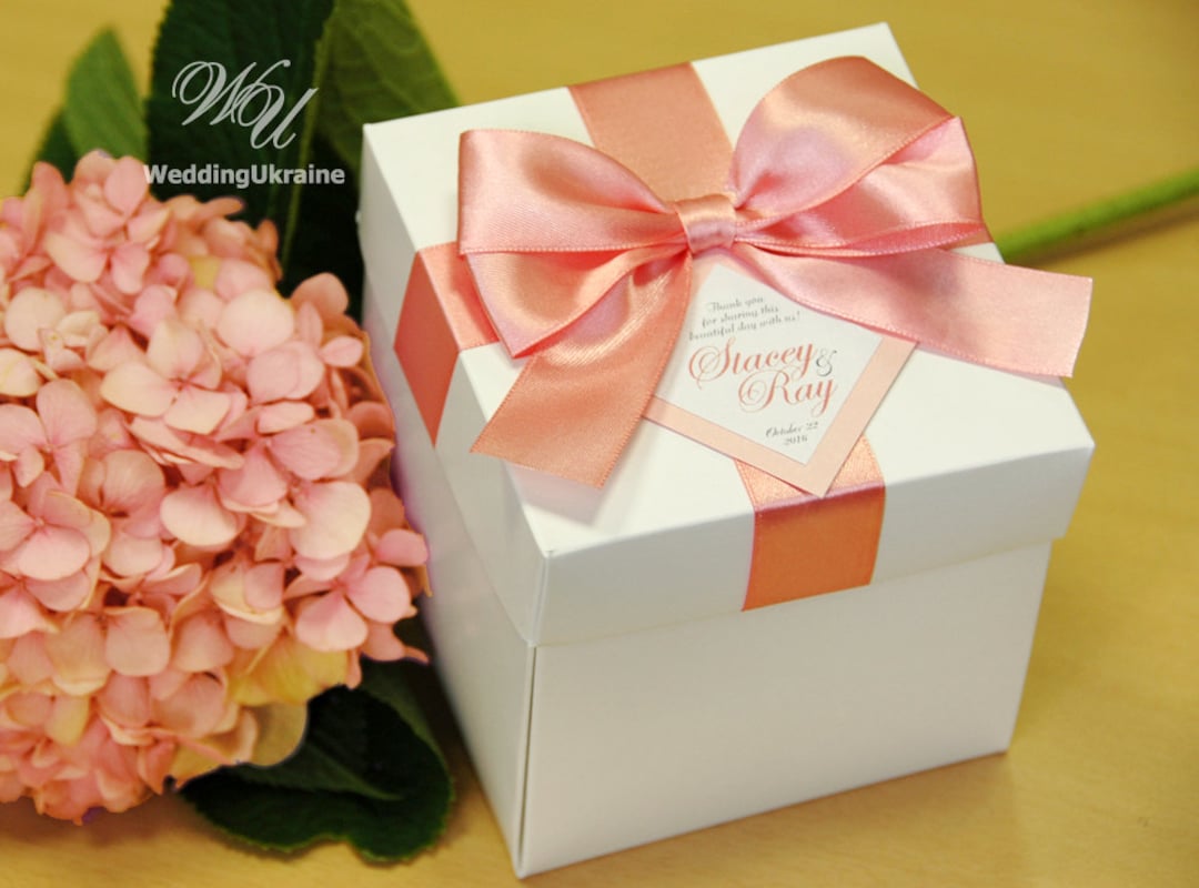 Wedding Gift Boxes With Blush Satin Ribbon, Bow and Tag - White and ...