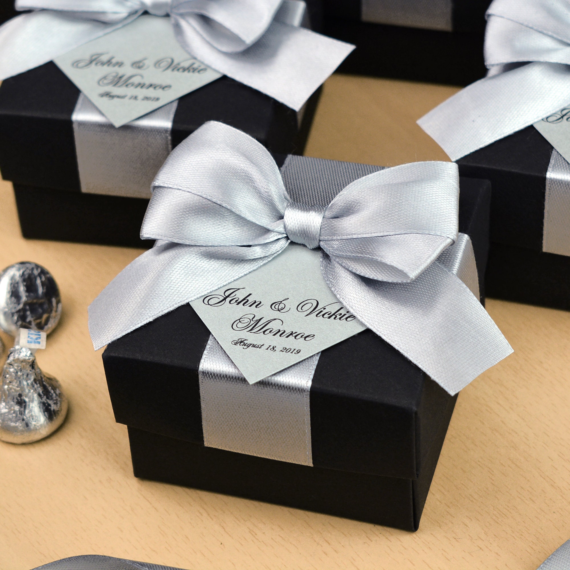 Silver Wedding Favor Gift Box With Satin Ribbon Bow and Your | Etsy