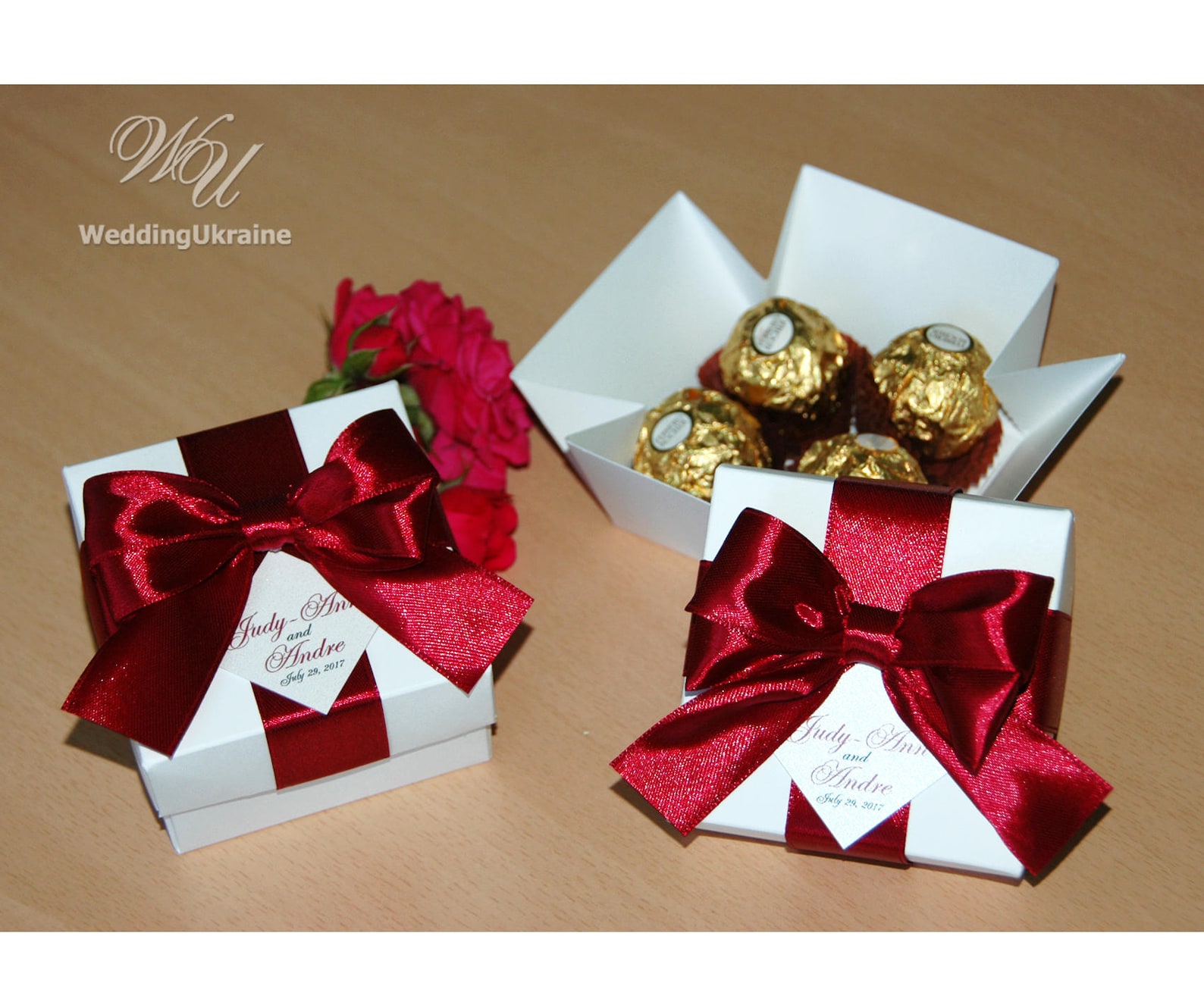 Wedding Favor Boxes Personalized With Burgundy Satin Ribbon, Bow and ...