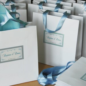 Personalized Paper Bag With Satin Ribbon and Tag White and Light Blue ...