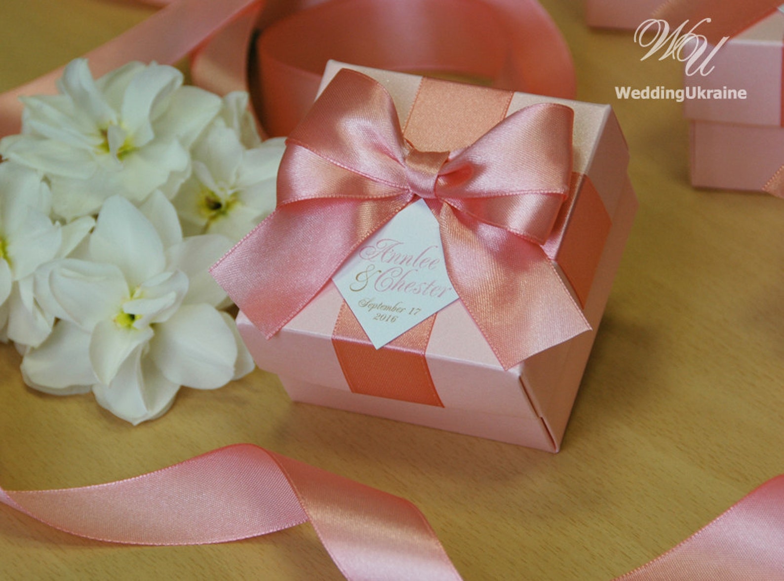 Light Pink Wedding Favor Gift Box With Blush Satin Ribbon, Bow & Names ...