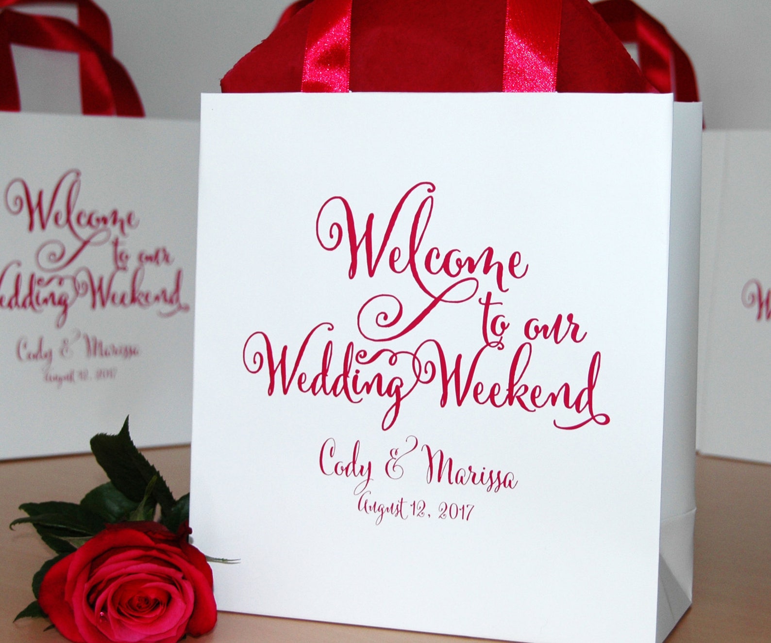 35 Welcome to Our Wedding Weekend Bags With Berry / Pink Satin | Etsy