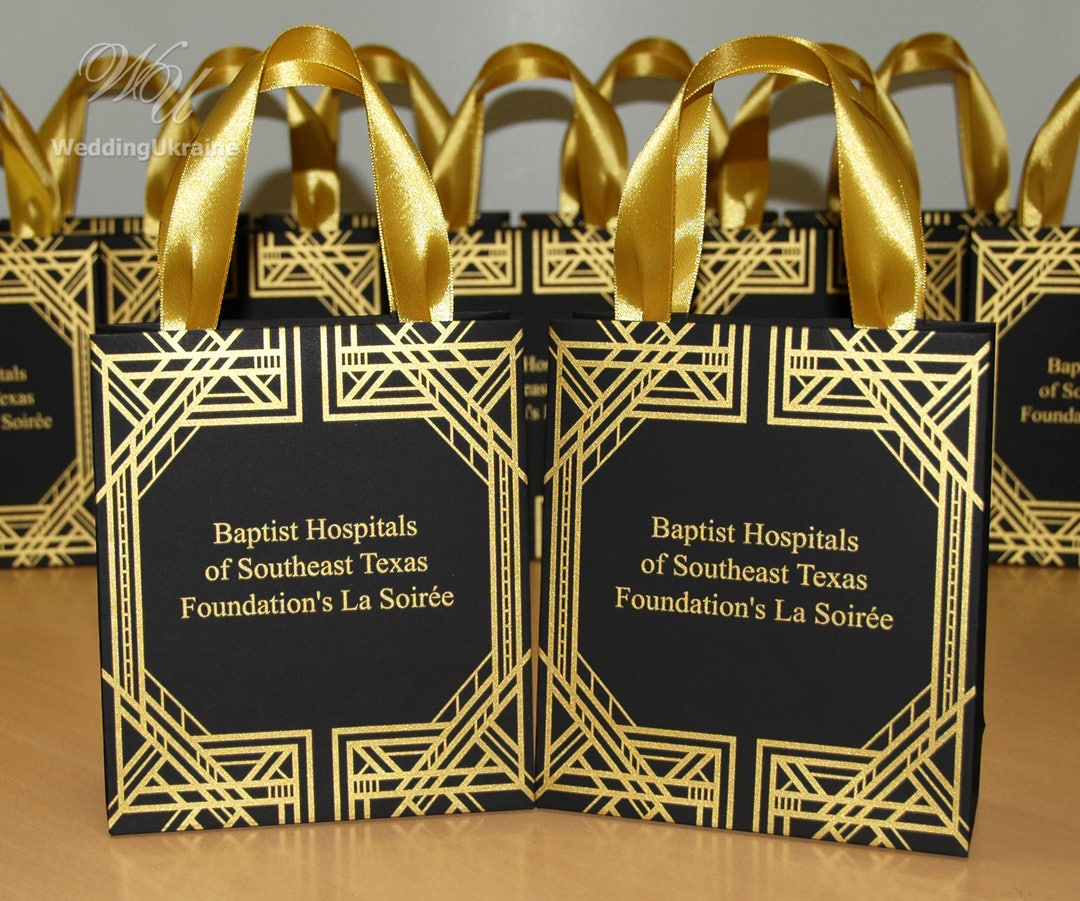 25 Gatsby Theme Gift Bags With Gold Satin Ribbon Handles and Custom ...