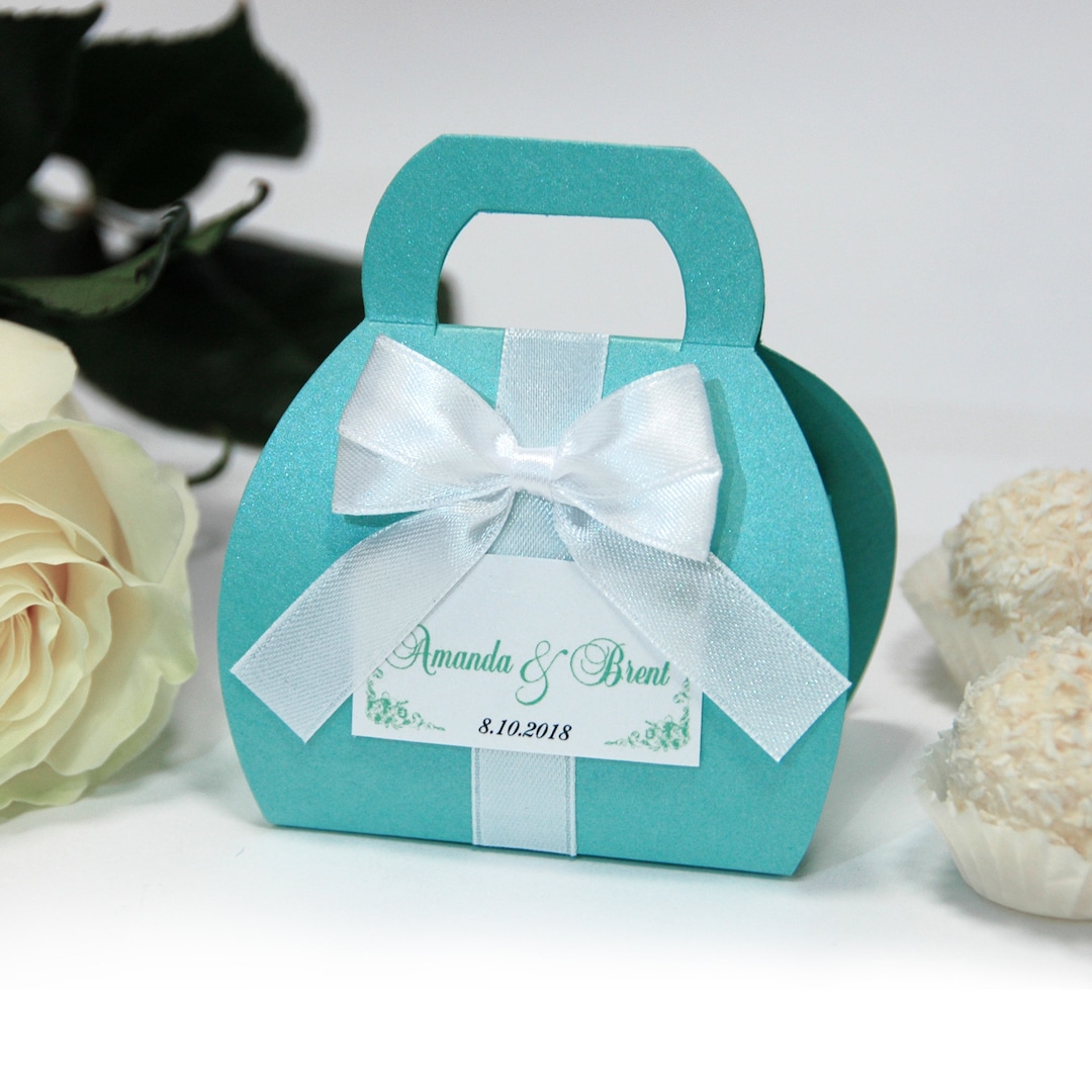 Mint Wedding Favor Gift Box With Satin Ribbon, Bow and Your Names ...