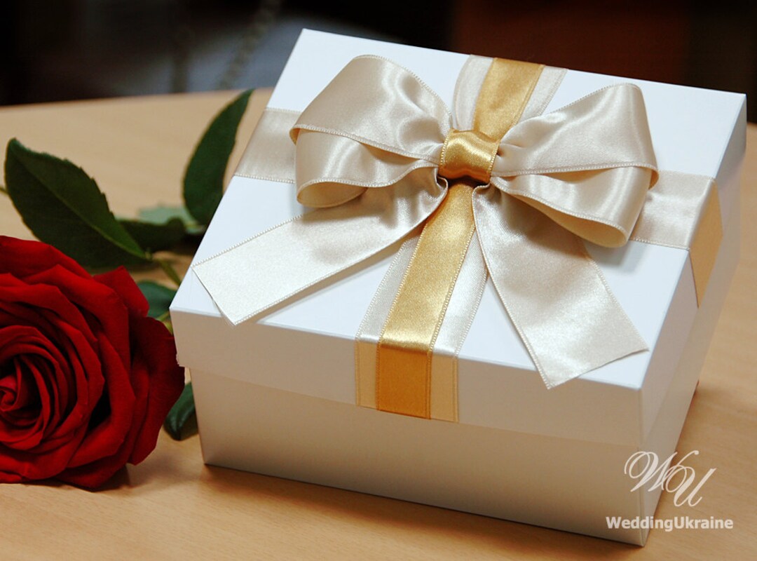 Chic Gift Box With Cream and Gold Satin Ribbon and Big Doubled Bow ...