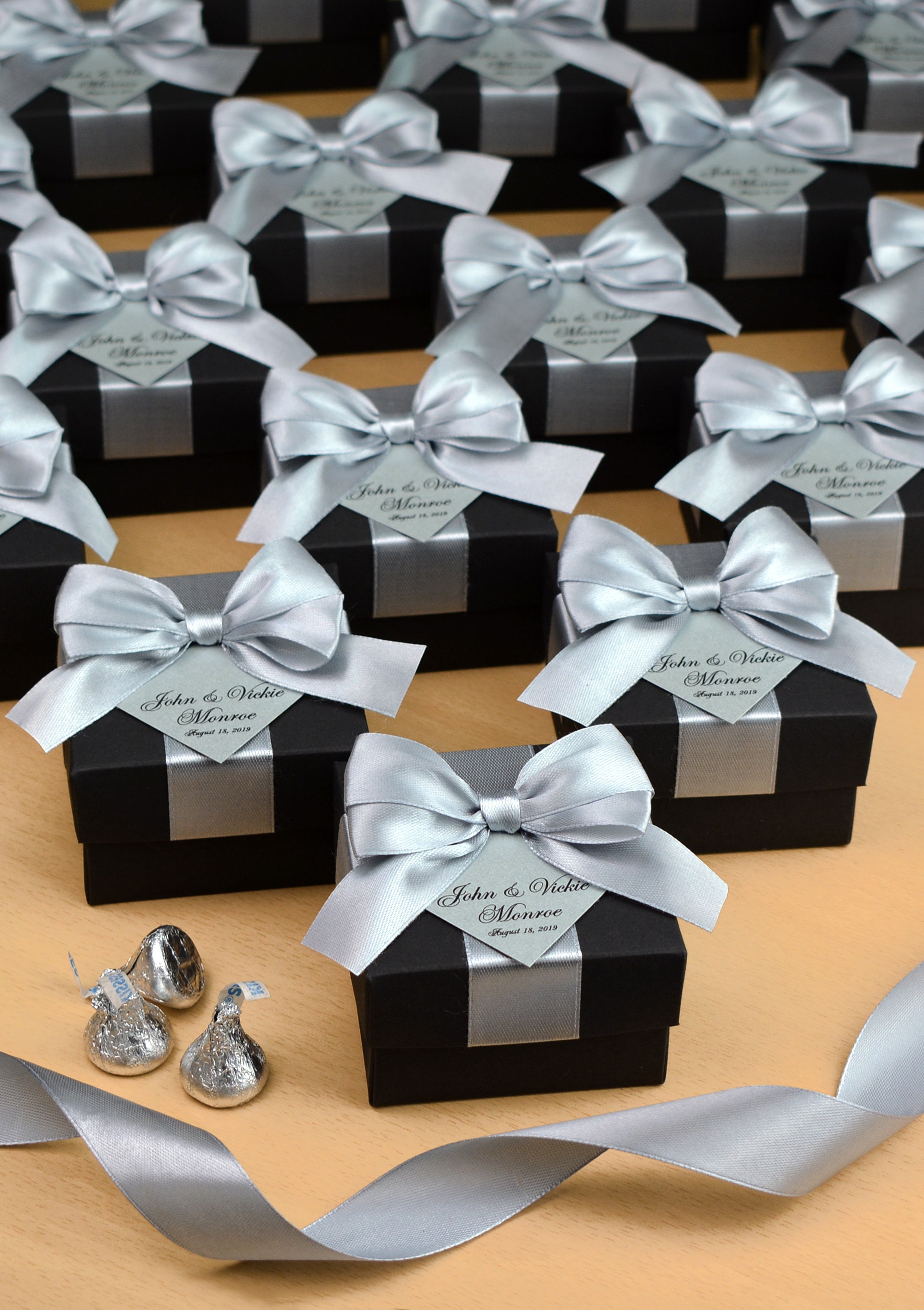 Silver Wedding Favor Gift Box With Satin Ribbon, Bow and Your Names ...