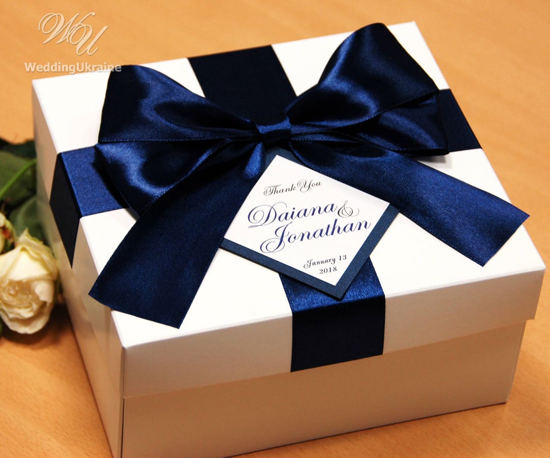 Wedding Gifts Boxes With Navy Blue Satin Ribbon, Big Bow and ...