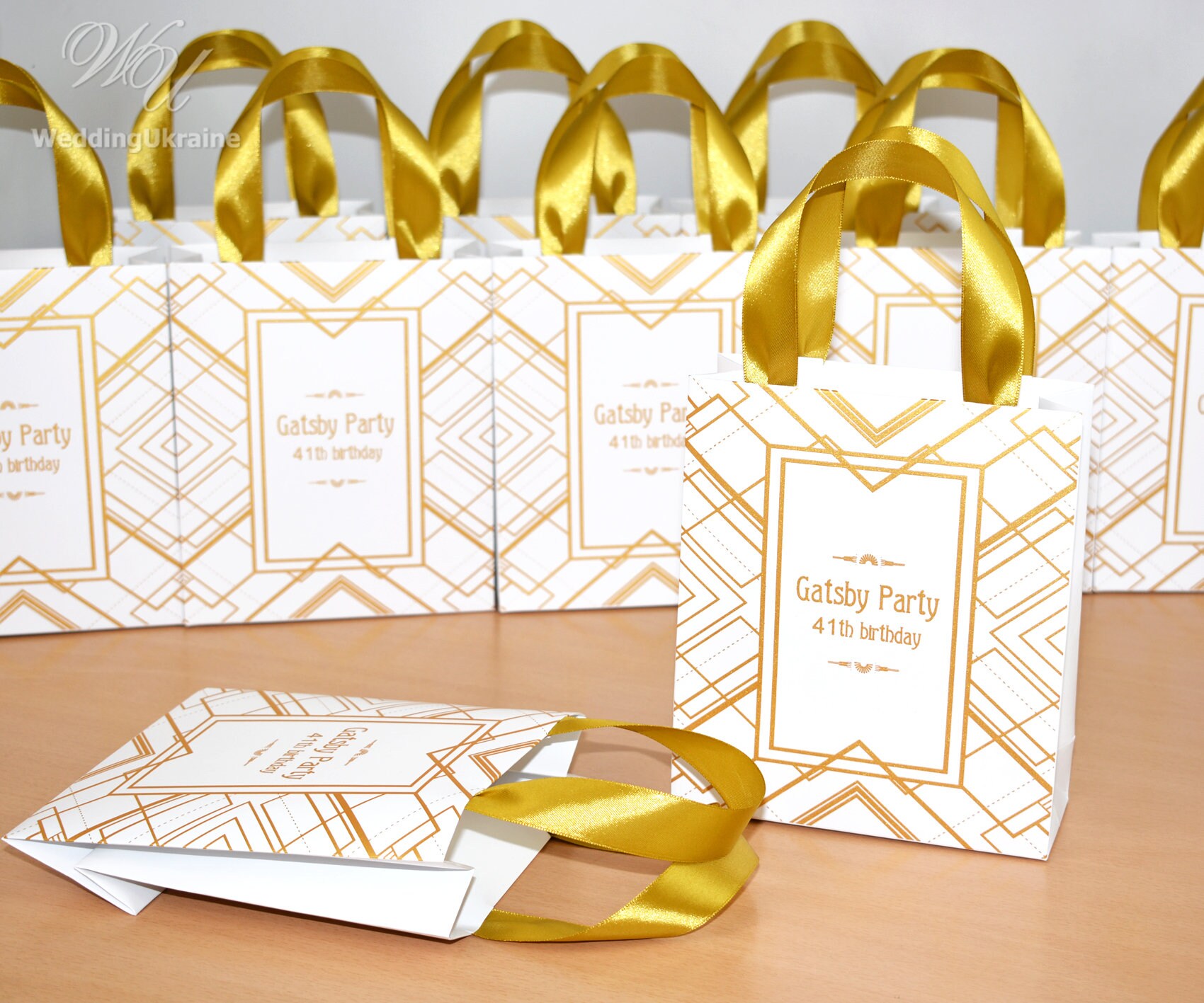 25 Gatsby Party Gift Bags, Personalized Art Deco Favor With Gold Satin ...