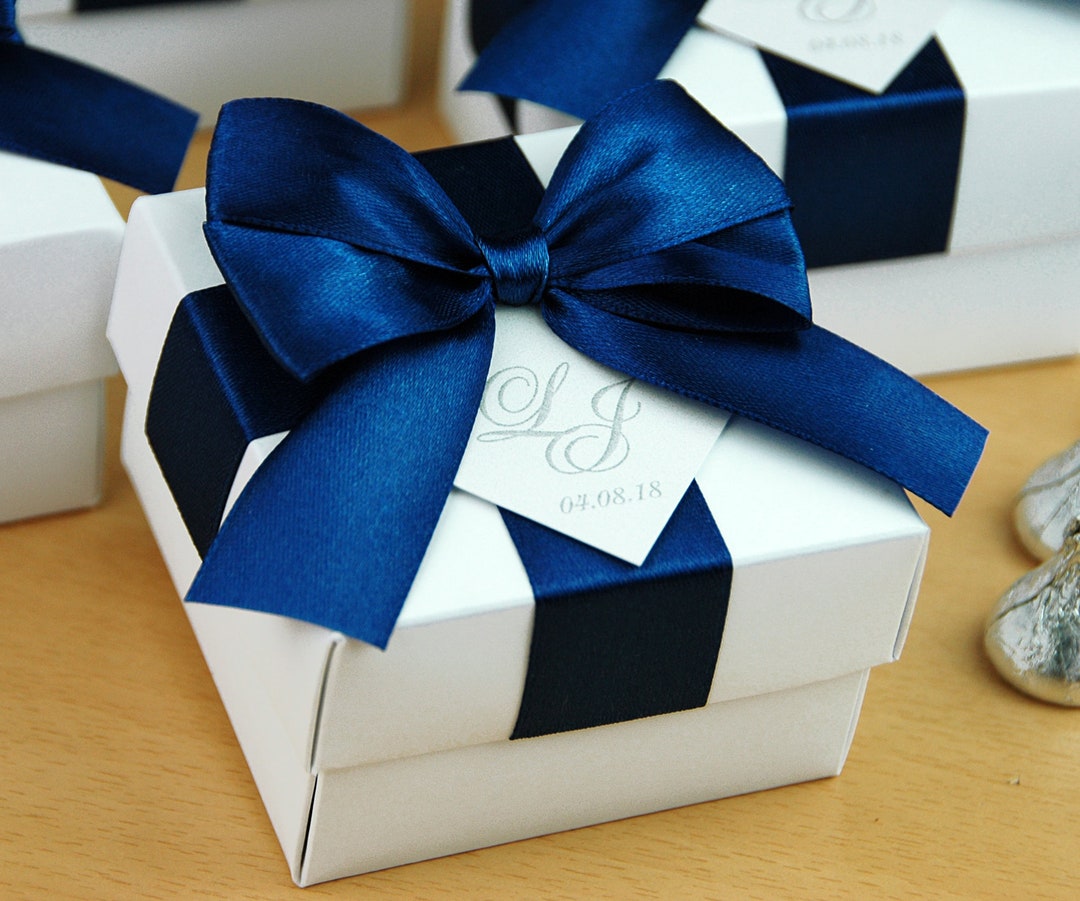Wedding Monogram Personalized Wedding Favor Boxes With Navy Blue Satin ...
