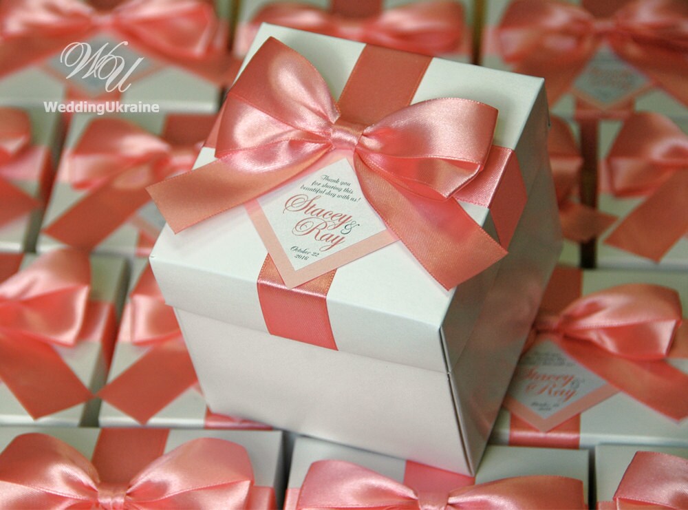 Wedding Gift Boxes With Blush Satin Ribbon, Bow and Tag - White and ...