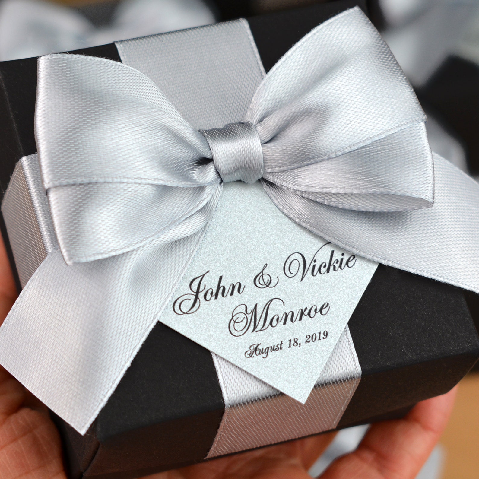 Silver Wedding Favor Gift Box With Satin Ribbon, Bow and Your Names ...