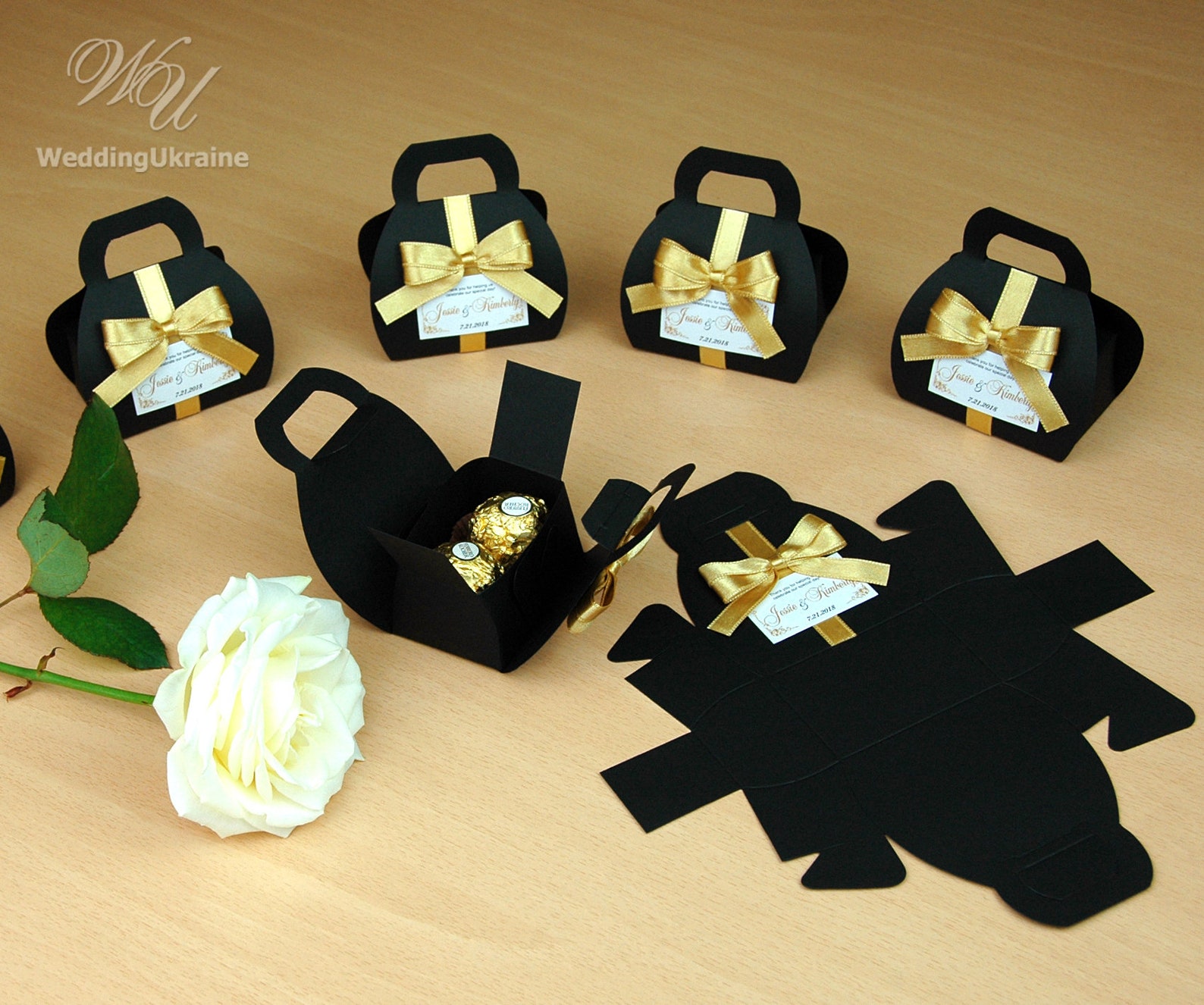 Black & Gold Wedding Favor Gift Box With Satin Ribbon Bow and - Etsy