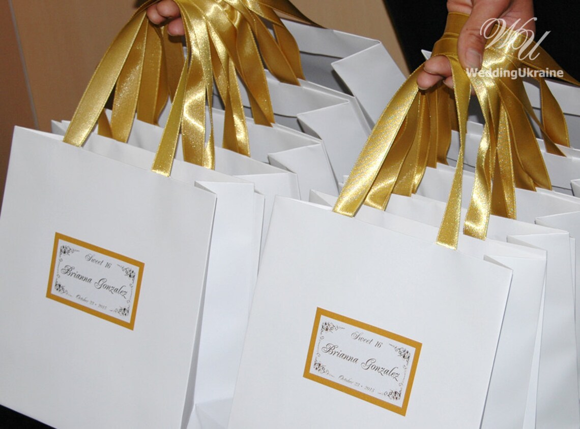 Gift Paper Bag With Satin Ribbon and Tag - White and Gold ...