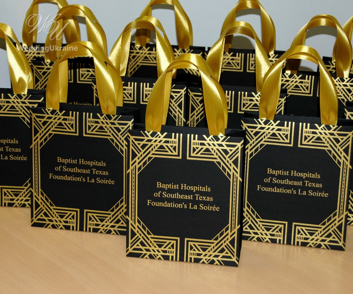 25 Gatsby Theme Gift Bags With Gold Satin Ribbon Handles and Custom ...
