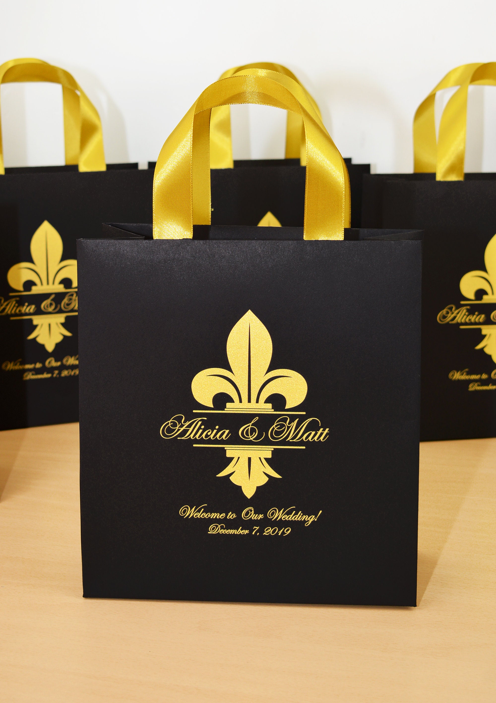 25 Fleur De Lis Wedding Welcome Bags, Elegant Black & Gold Personalized ...