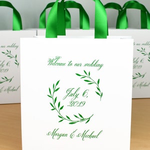 25 Greenery Wedding Welcome Bags With Satin Ribbon Handles & Custom ...