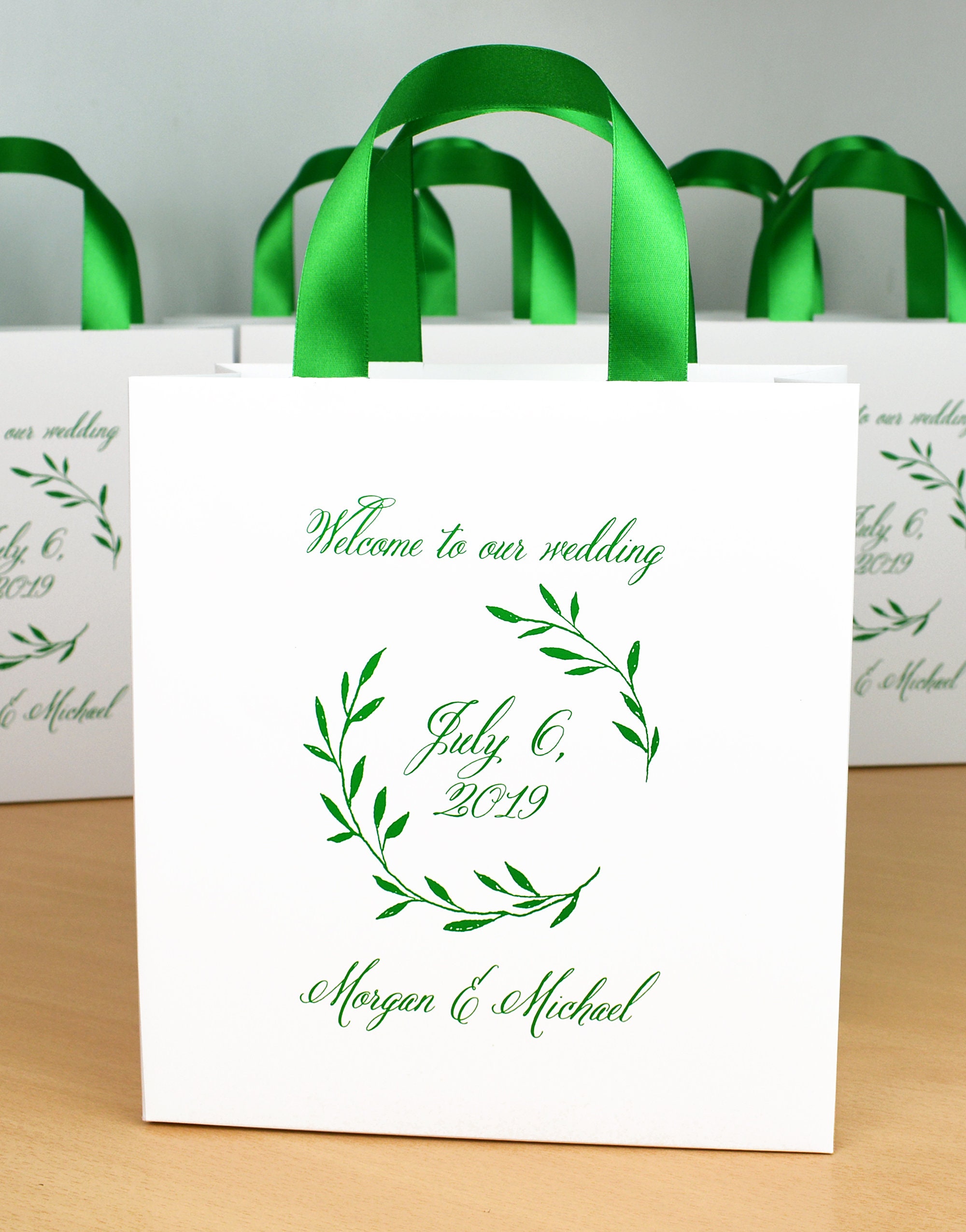 25 Greenery Wedding Welcome Bags With Satin Ribbon Handles & Custom ...