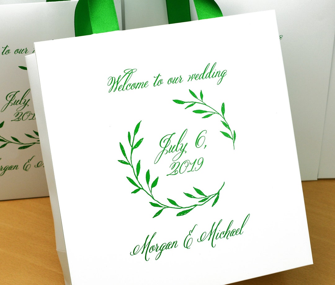 25 Greenery Wedding Welcome Bags With Satin Ribbon Handles & Custom ...