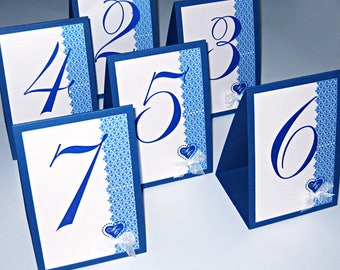 SETS of tented Wedding Table Number Cards Light Blue/white
