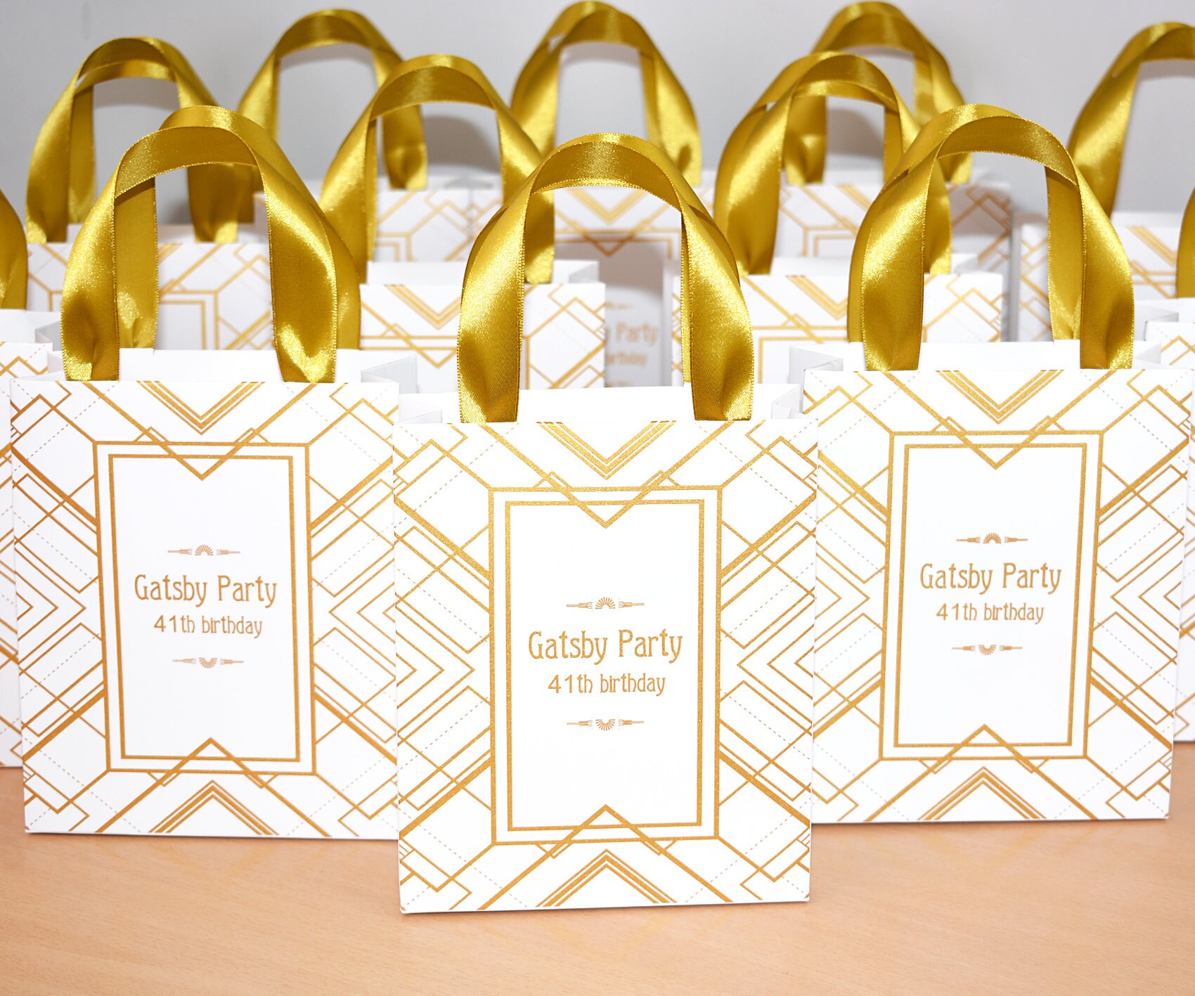 25 Gatsby Party Gift Bags, Personalized Art Deco Favor With Gold Satin ...
