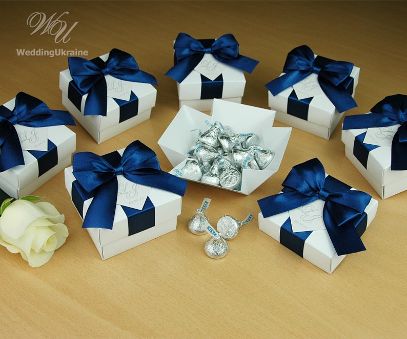 Wedding Monogram Personalized Wedding Favor Boxes With Navy Blue Satin ...