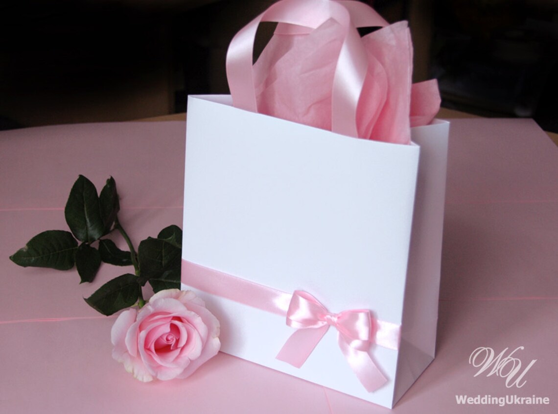 Chic Paper Bag with satin ribbon handles bow and tissue paper | Etsy