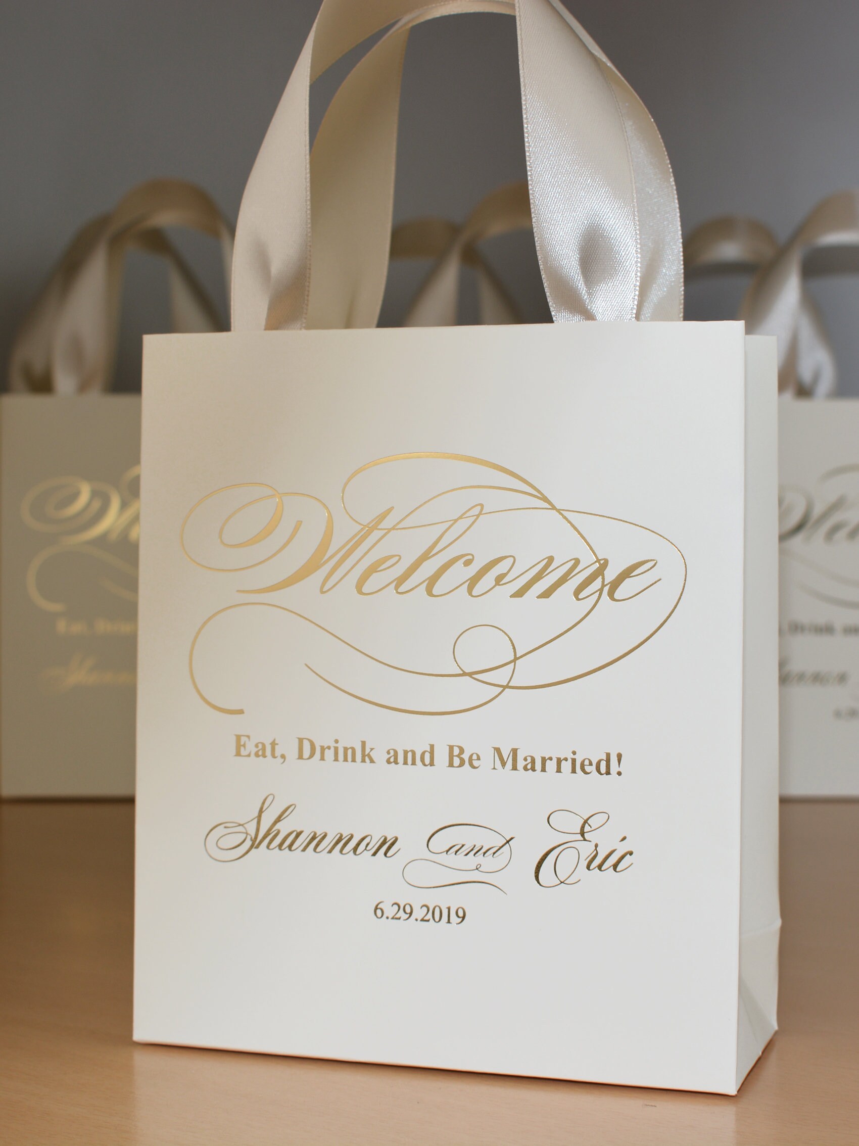 100 Wedding Welcome Bags With Champagne Satin Ribbon Handles and Gold ...
