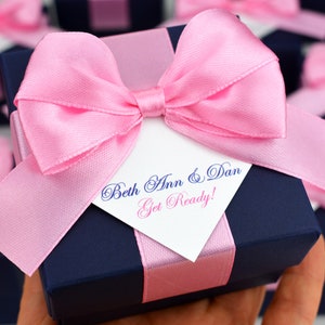 Navy Blue & Light Pink Wedding Favor Gift Box With Satin Ribbon Bow and ...