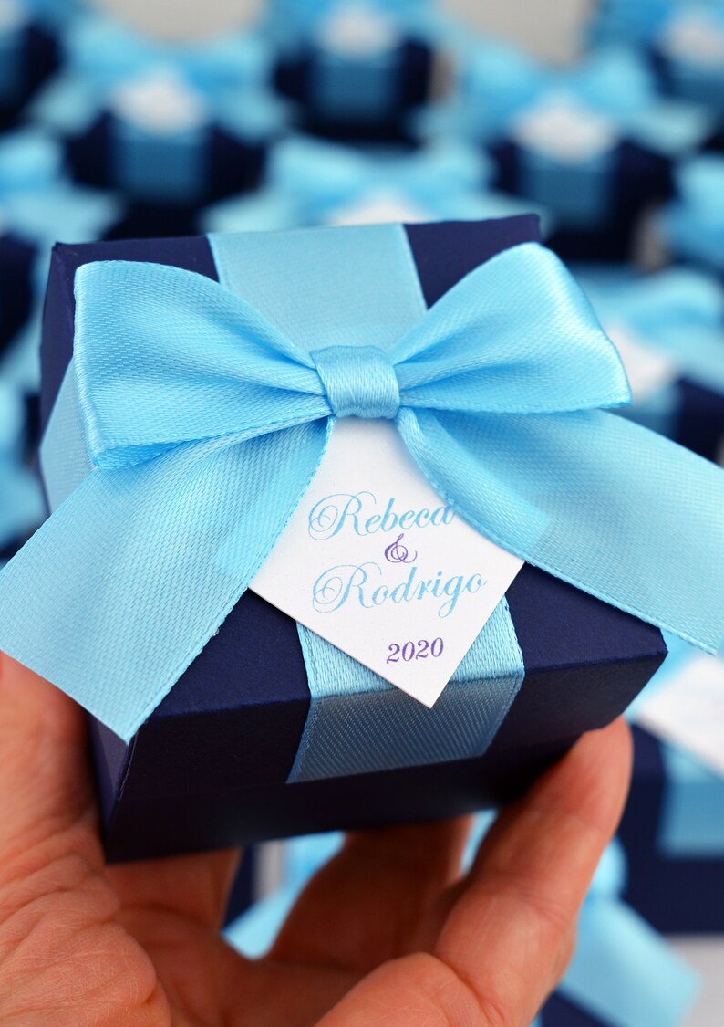 Navy Blue Wedding favor boxes with satin ribbon bow and your | Etsy