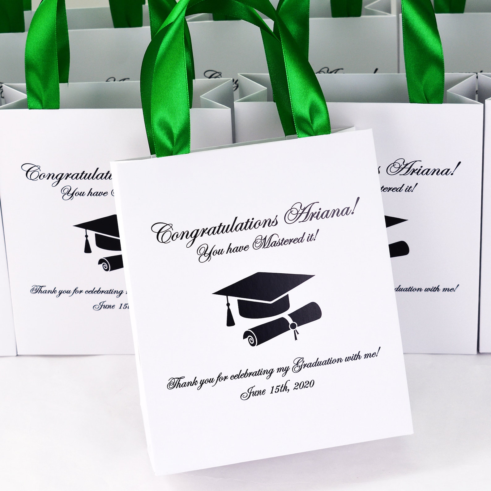 25 Graduation Celebration Bags With Green Satin Ribbon Handles - Etsy
