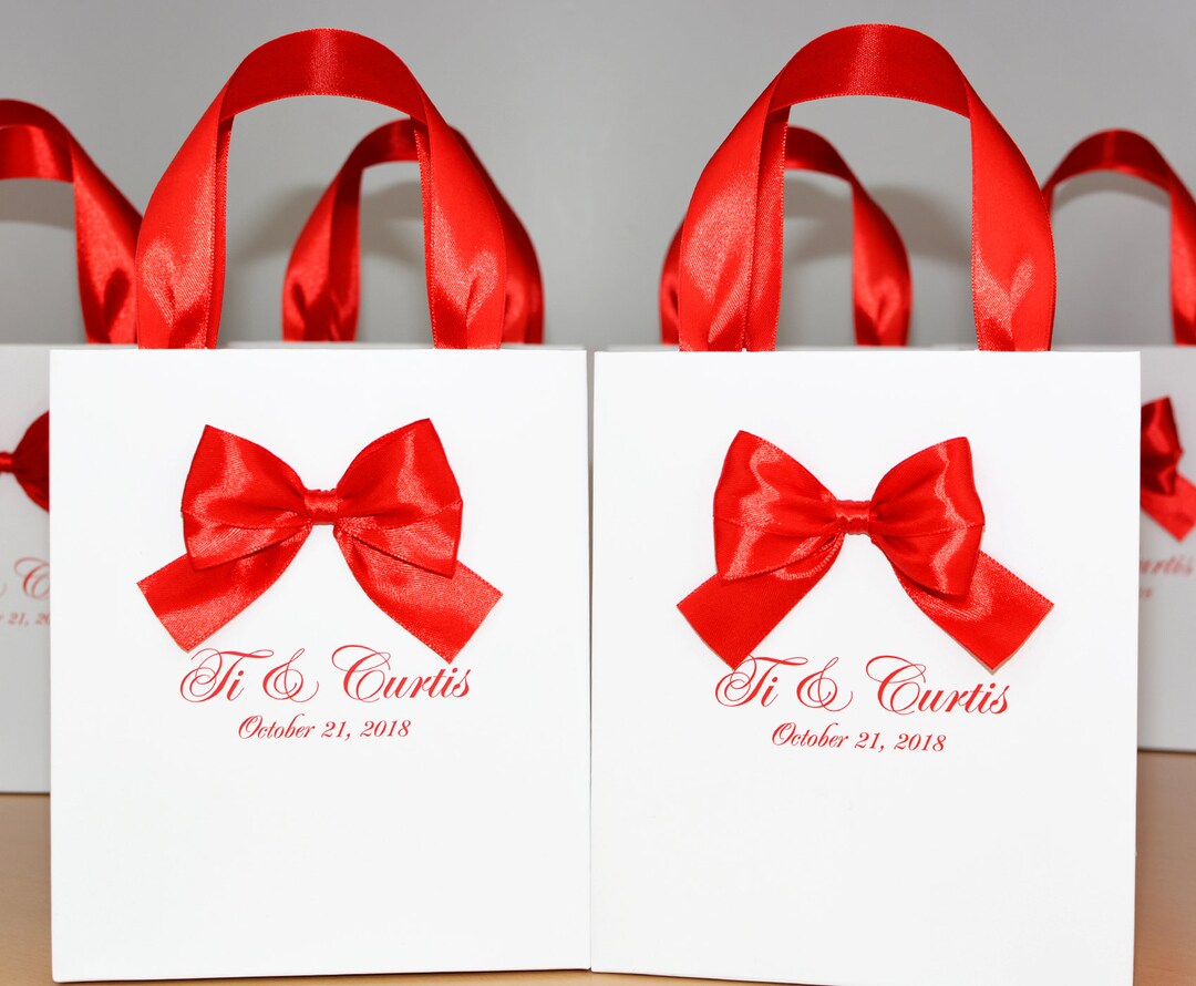 Elegant Wedding Welcome Bags With Red Satin Ribbon Handles, Bow & Your ...