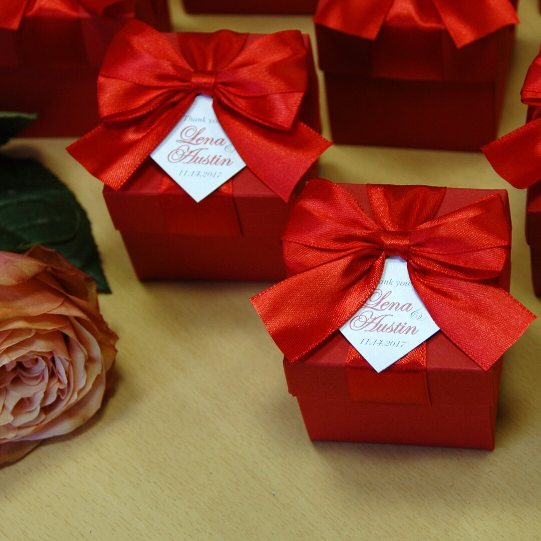 Red Wedding Bonbonniere, Wedding Favor Box With Satin Ribbon Bow and ...