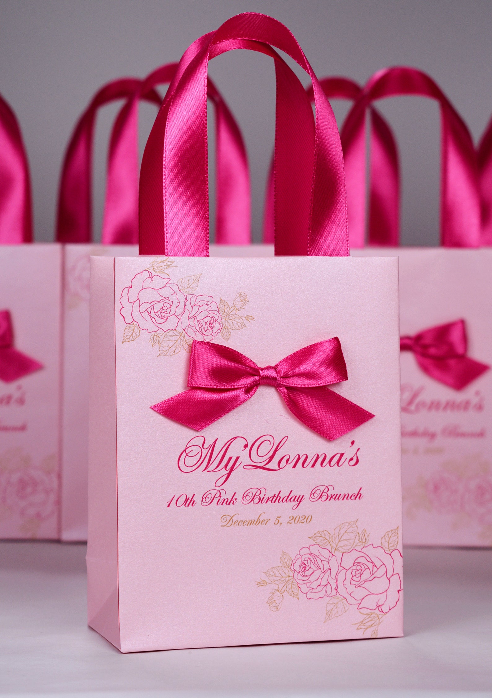 20 Pink Birthday Gift Bags With Satin Ribbon Handles, Bow and Custom ...