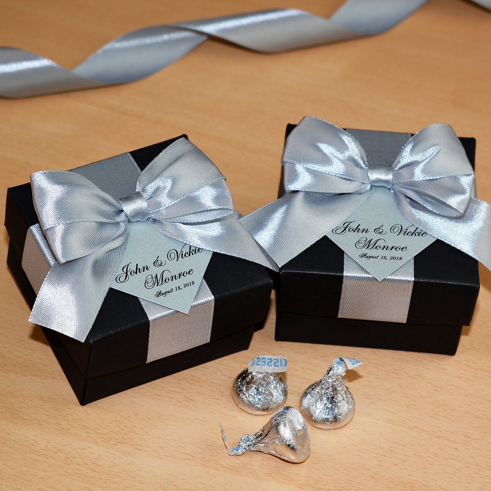 Silver Wedding Favor Gift Box With Satin Ribbon, Bow and Your Names ...