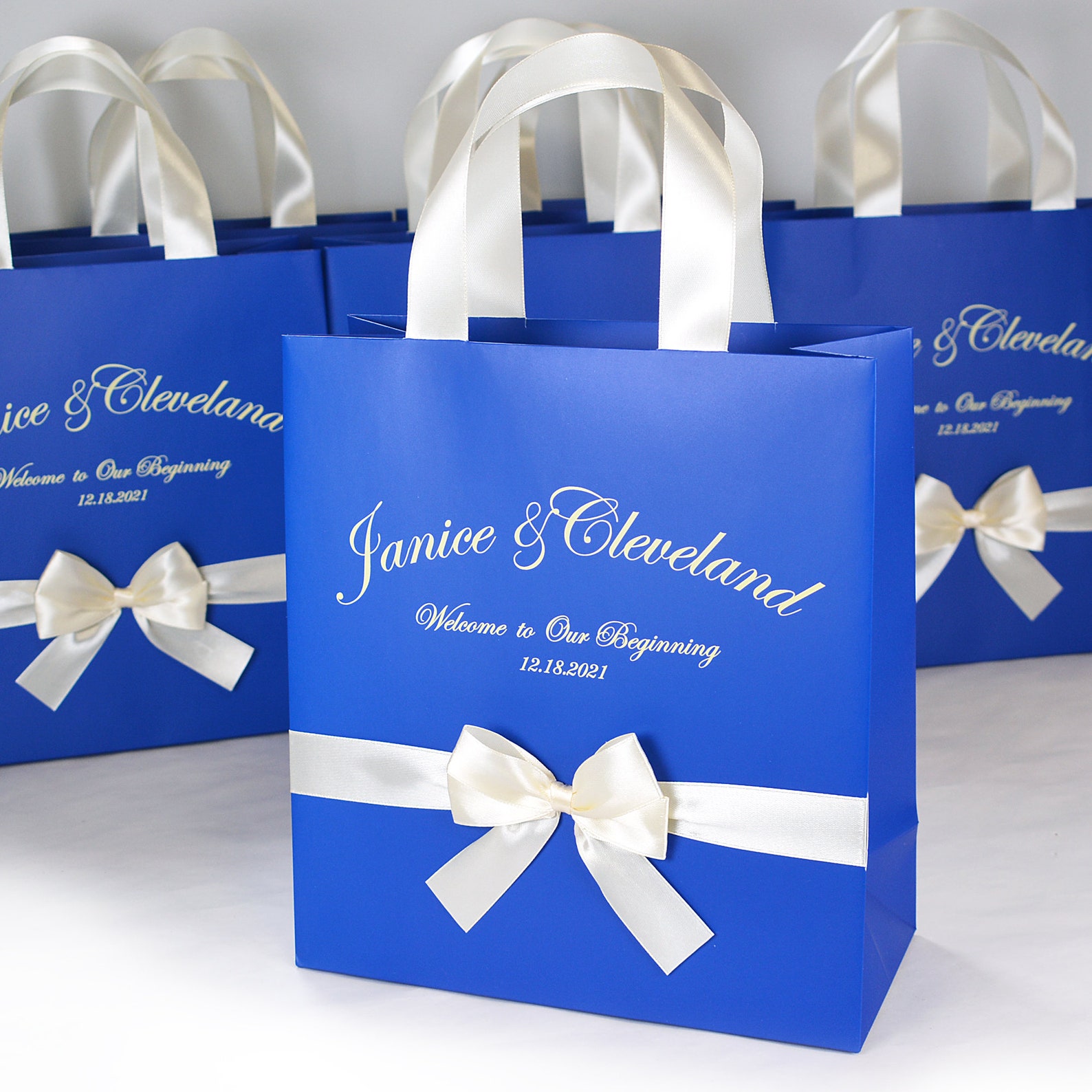 Royal Blue Wedding Welcome Bags With Satin Ribbon, Bow and Custom Names ...