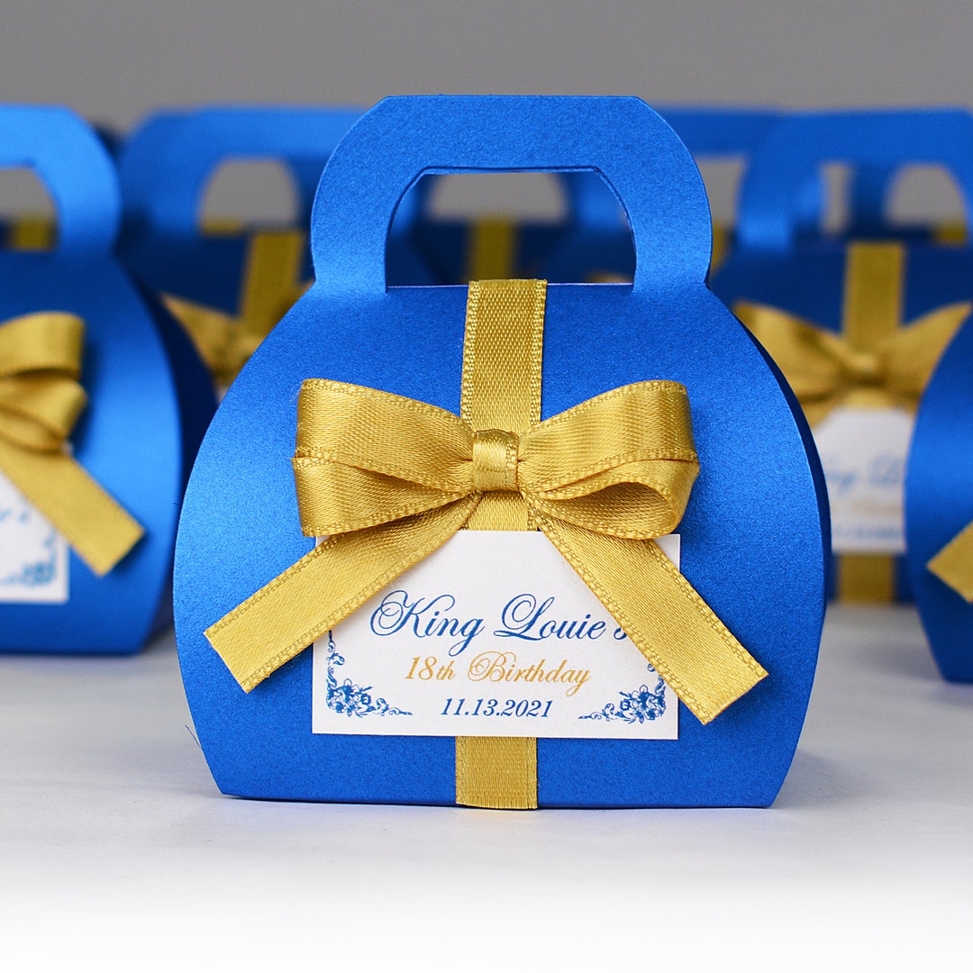 Royal Blue & Gold Party Favor Box With Satin Ribbon Bow and Custom Tag ...