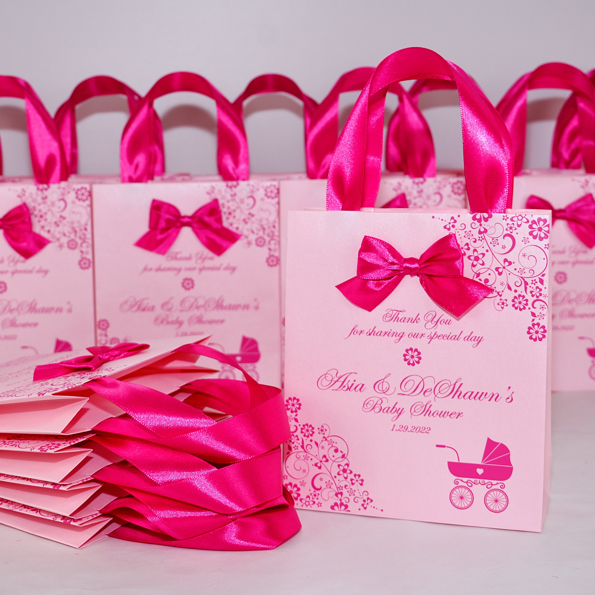 20 Baby Shower Bags With Pink Satin Ribbon Handles, Bow and Name ...