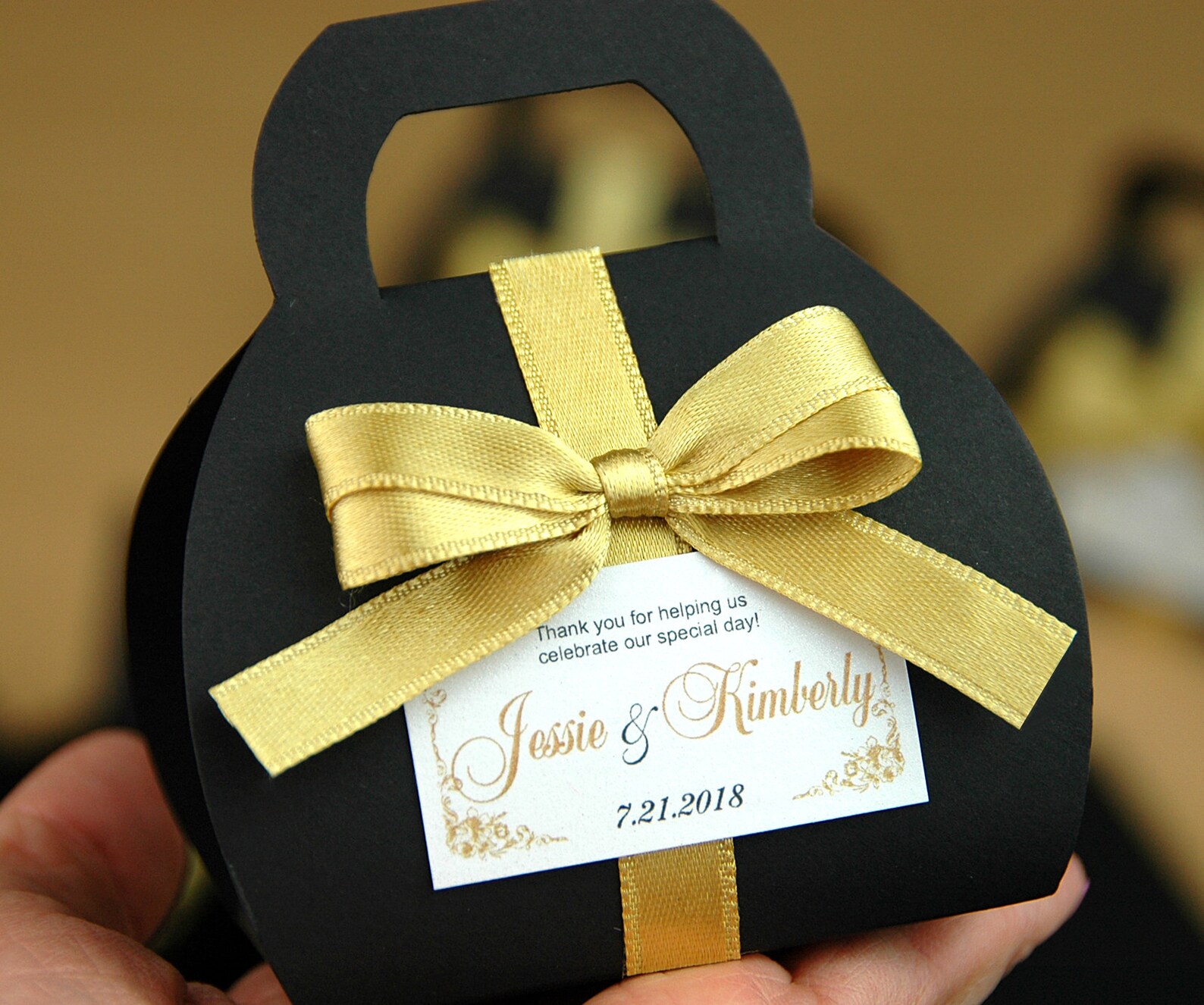 Black & Gold Wedding Favor Gift Box With Satin Ribbon Bow and - Etsy