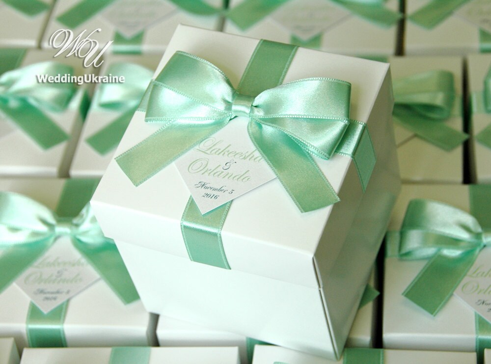 Wedding Gift Boxes With Light Mint Satin Ribbon Bow and Names | Etsy