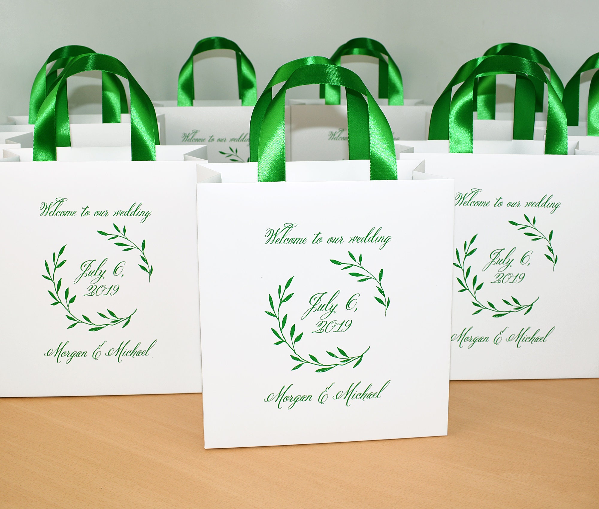 25 Greenery Wedding Welcome Bags With Satin Ribbon Handles & | Etsy