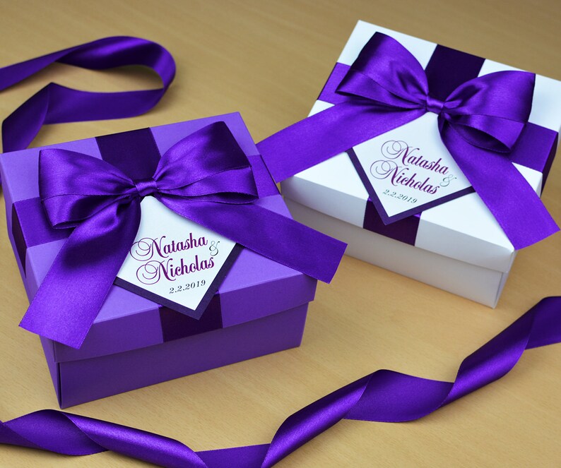 Chic Purple Wedding Favor Boxes With Satin Ribbon, Big Bow and Your ...