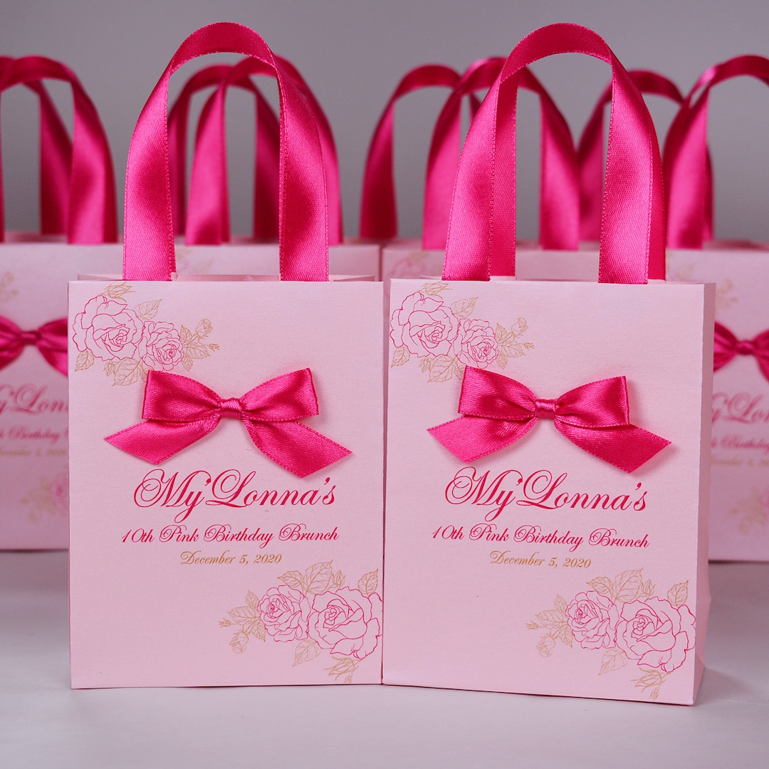 20 Pink Birthday Gift Bags With Satin Ribbon Handles, Bow and Custom ...