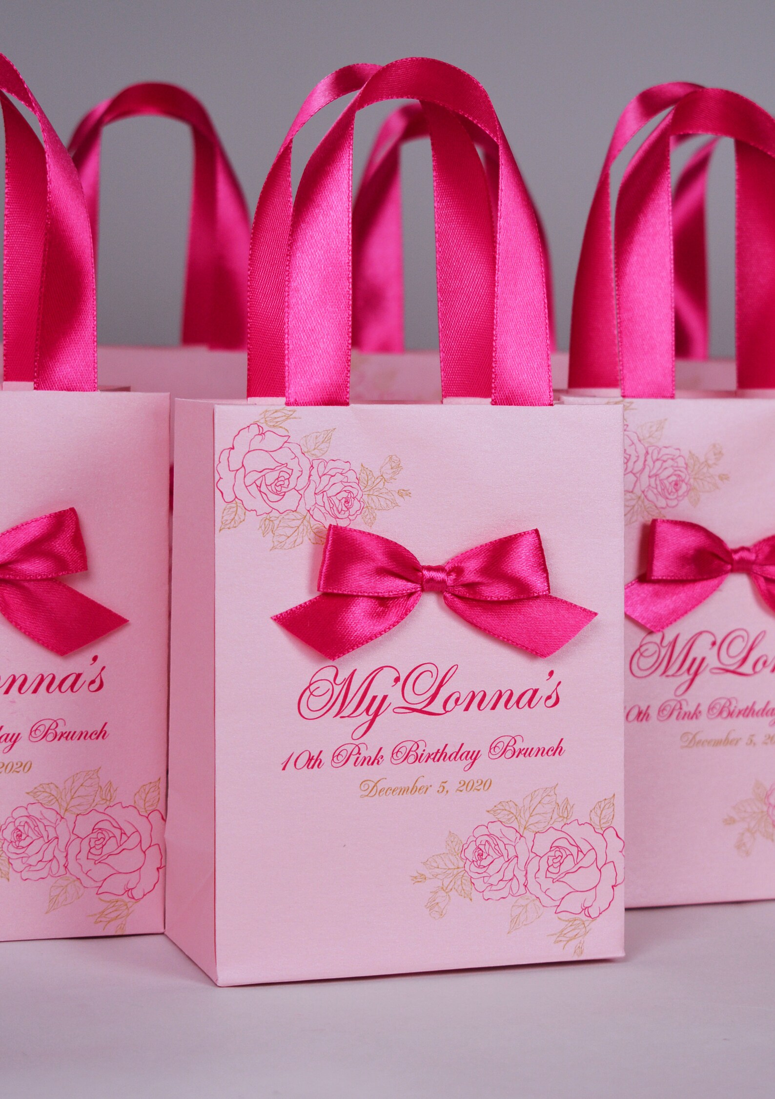 20 Pink Birthday Gift Bags With Satin Ribbon Handles, Bow and Custom ...