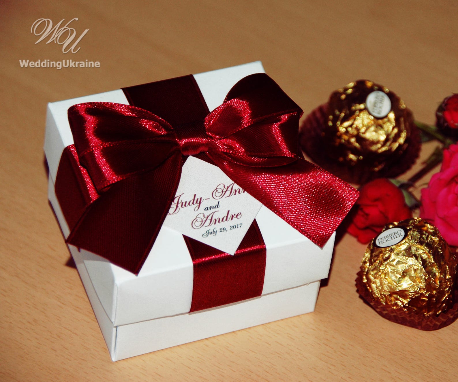 Wedding Favor Boxes Personalized With Burgundy Satin Ribbon, Bow and ...